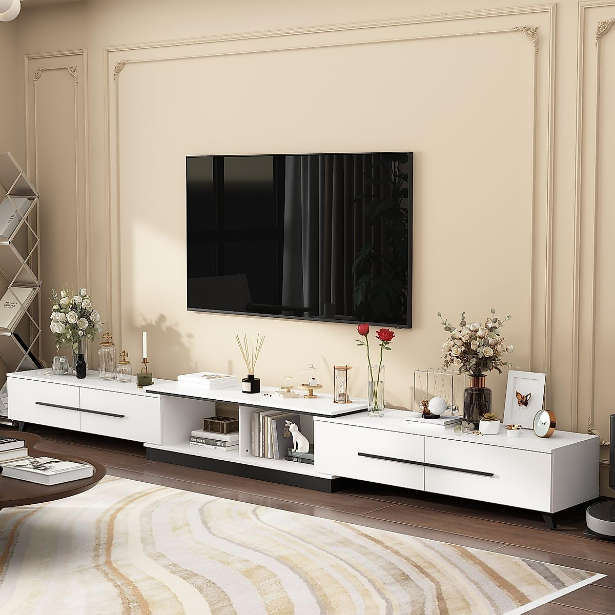 FAMAPY Modern TV Console Extendable Media Console, Adjustable Length, Contemporary Entertainment Center with Drawers and Legs, for Living Room White and Black (95”-133.9”W x 15.2”D x 13.1”H)