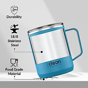 The Clean Hydration Company Insulated Coffee tumbler | Travel coffee mug | Ceramic Lined Tumbler | Iced Coffee Tumbler Cup with Lid | Double Wall Vacuum (Aqua, Mug 12oz)