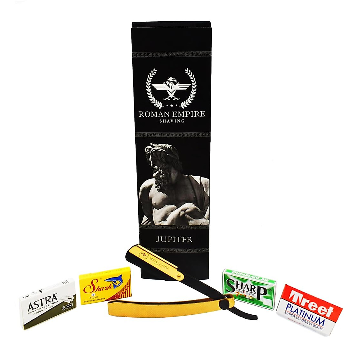 ROMAN EMPIRE SHAVING Jupiter New Straight Razor for Professional Barber with 20 Blades Sampler (Astra-Sharp-Shark-Treet)