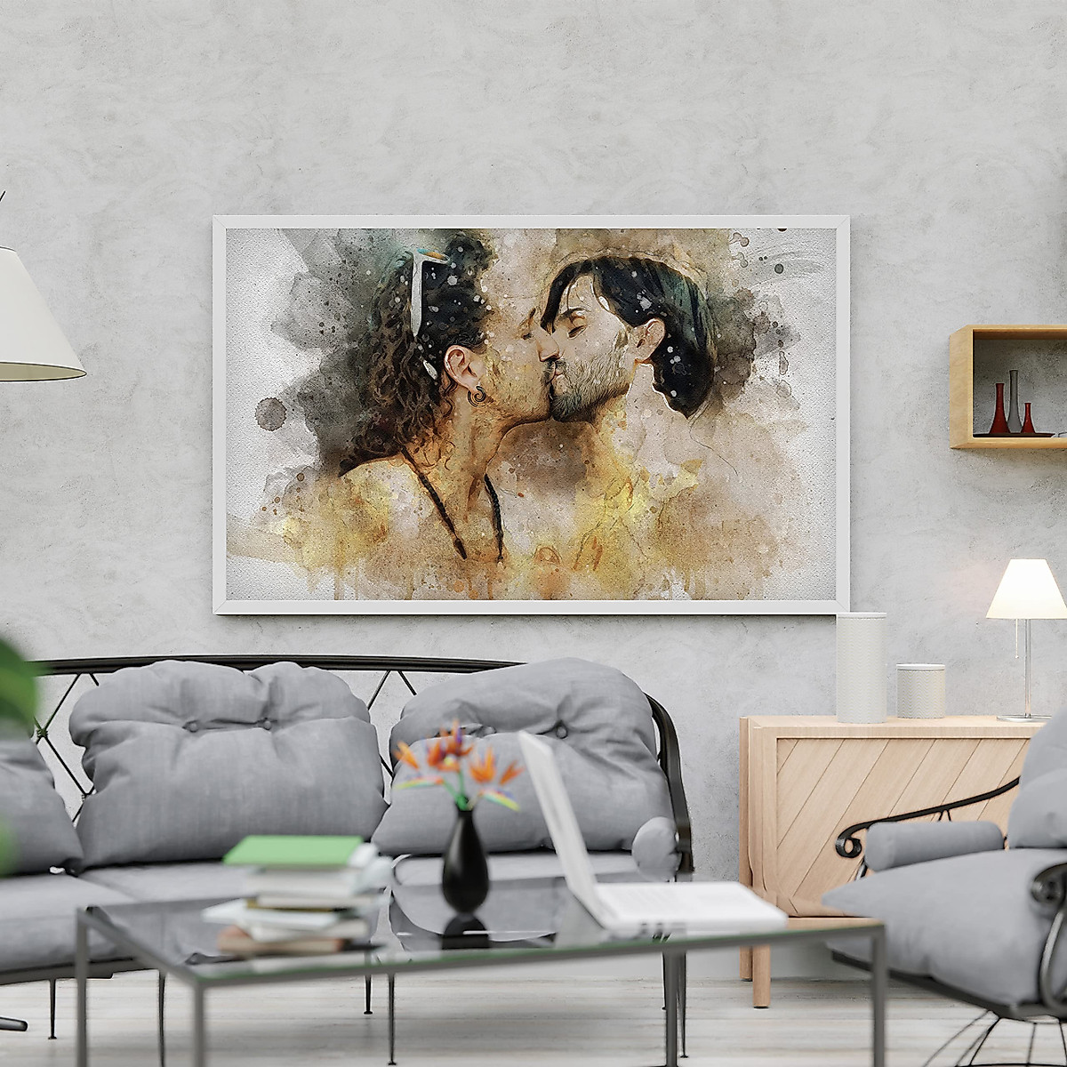 Awesometik Customized LGBT Couple Portrait Watercolor Art on Canvas, Poster LGBT Engagement Gift Memorable Gift for Husband Gift for Boyfriend Canvas Art Wall Art Gay Couple