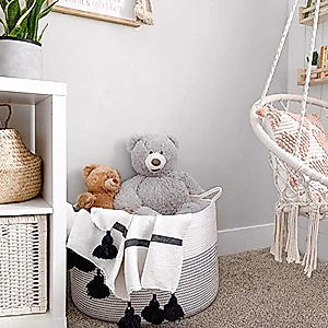INDRESSME XXXLarge Cotton Rope Basket 21.7" x 21.7" x 13.8" Woven Baby Laundry Basket for Blankets Toys Storage Basket with Handle Comforter Cushions Storage Bins Thread Laundry Hamper-Black Stitch