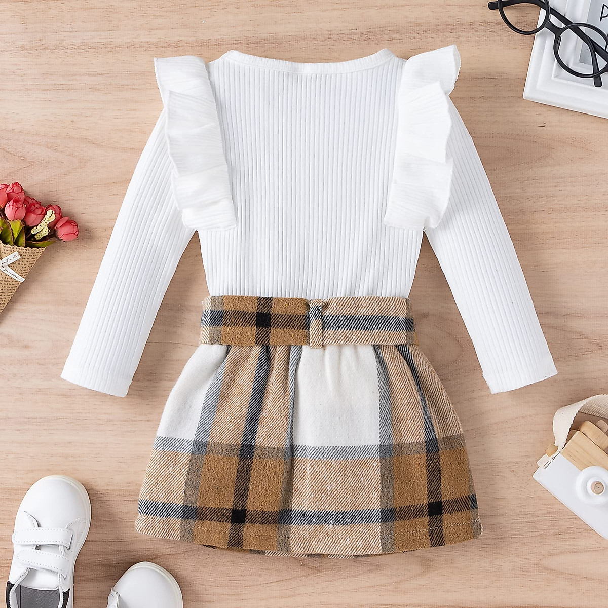 Yccutest Toddler Baby Girl Skirt Outfit Long Sleeve Ruffle Shirt Top Mini Skirt Set 2Pcs Kids Little Girl Clothes Fall Winter (White,18-24 Months)