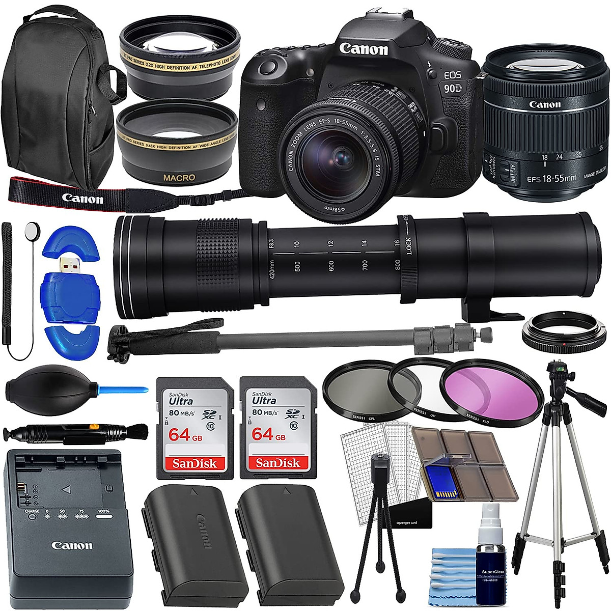 Canon EOS 90D DSLR Camera w/ 18-55mm Lens Bundle + 420-800mm HD Super Zoom Lens, 128GB Memory, Wide Angle Lens, Telephoto Lens, Camera Backpack, 3pc Filter Kit+ Professional Bundle (Renewed)