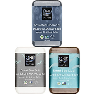One With Nature 7oz Bar Soap Variety 3Pk-Dead Sea Mud, Activated Charcoal, and Dead Sea Mineral Soap with Argan Oil & Shea Butter - Dead Sea Salt Contains Magnesium, Sulfur & 21 Essential Minerals