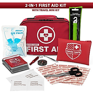 Swiss Safe 2-in-1 First Aid Kit for Car, Travel & Home, Businesses - Bonus Mini Kit for Medical Emergency Aid, Survival, Camping - FSA & HSA Eligible 120+32-Pcs, 1Pk -Red-Small+Travel