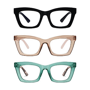 AMOMOMA 3 Pack Trendy Oversized Blue Light Stylish Readers for Women,Retro Square Cute Sturdy Computer Womens Reading Glasses AM6042 Black+Brown+Green 1.5
