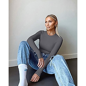 OQQ Women's 2 Piece Long Sleeve Shirt Crew Neck Stretch Fitted Underscrubs Layer, Black,darkgrey, Medium