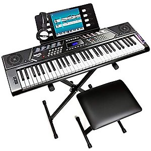 RockJam 61 Key Keyboard Piano Stand With Pitch Bend Kit, Piano Bench, Headphones, Simply Piano App & Keynote Stickers