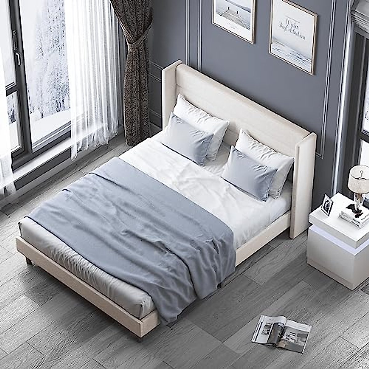 CECER King Size Platform Bed Frame with Upholstered Headboard, Bed Frame with Strong Wooden Slats, Strong Weight Capacity, No Box Spring Needed, Easy Assembly, Beige