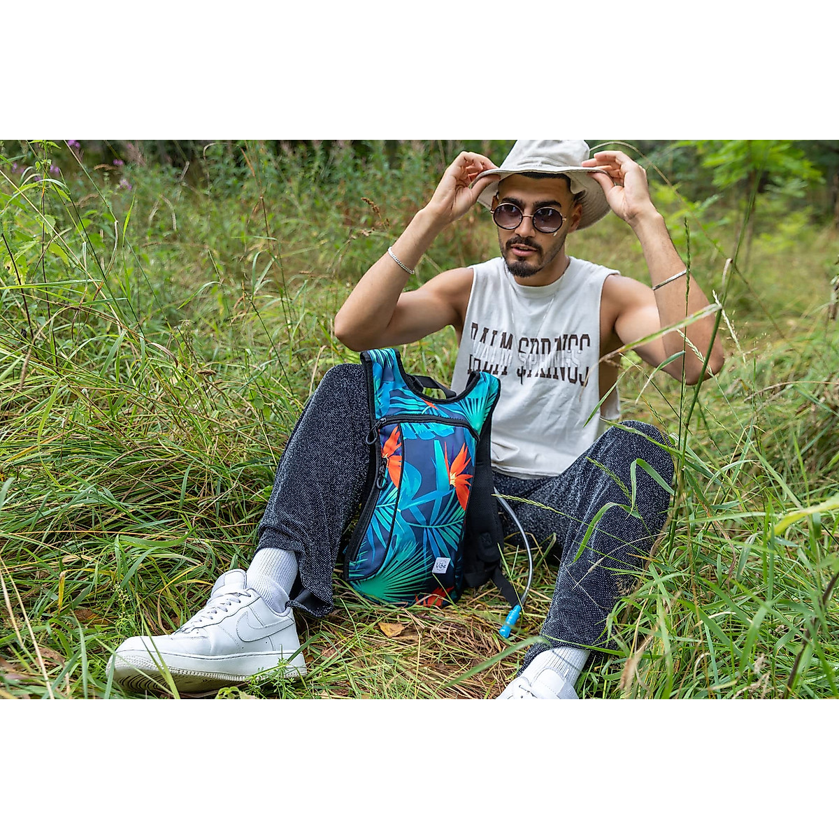 Vibe Hydration Pack Backpack with 2L Bladder for Women, Men, Teens, Kids - Sports, Outdoor, Running, Camping, Hiking, Festivals, Raves (Tropical Hawaii)