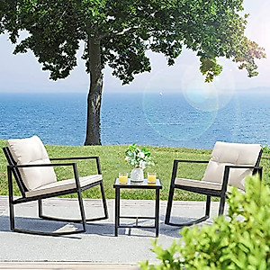 Devoko 3 Piece Rocking Bistro Set Wicker Patio Outdoor Furniture Porch Chairs Conversation Sets with Glass Coffee Table (Beige)