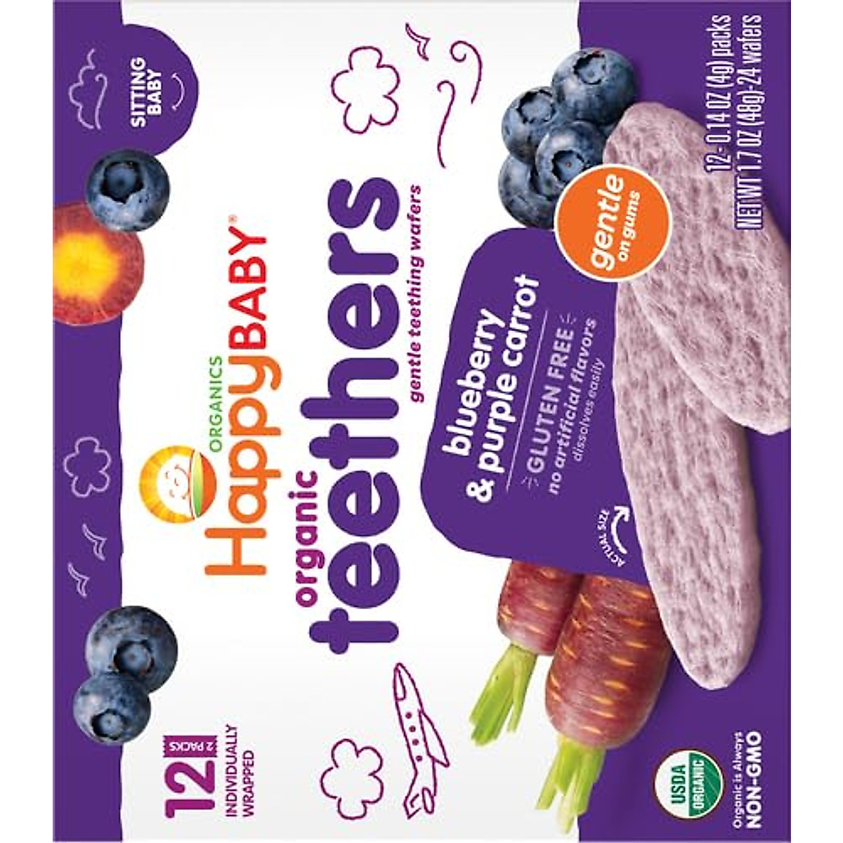Happy Baby Gentle Teethers Organic Teething Wafers Blueberry Purple Carrot, 0.14 Ounce Packets (Box of 12) Soothing Rice Cookies for Teething Babies Dissolves Easily, Gluten Free No Artificial Flavor