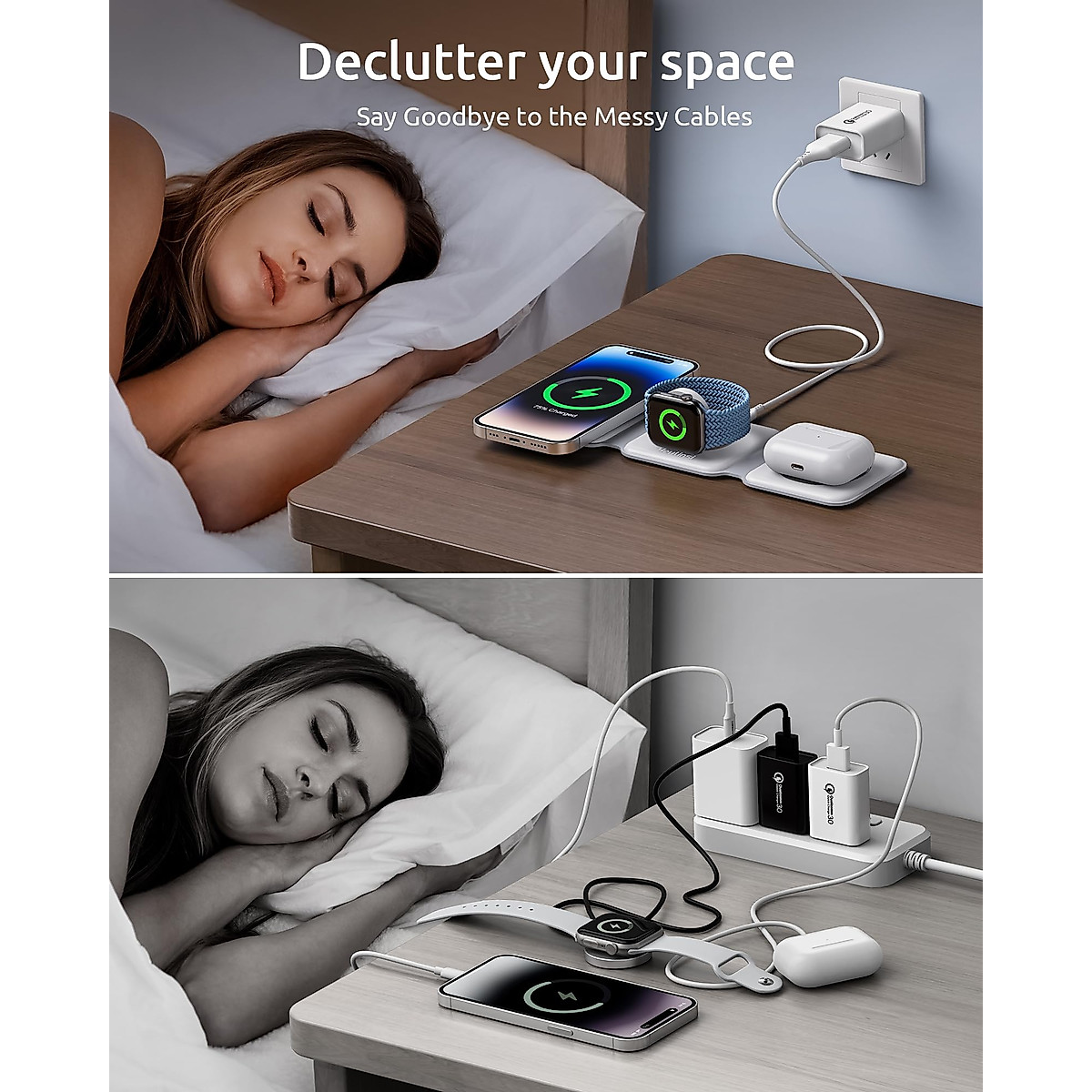 Foldable Wireless Charger, 3 in 1 Wireless Charging Station for iPhone 15/14/13/12/11 Pro Max/X/XS, Fast Magnetic Travel Wireless Charging Pad for AirPods 3/2/Pro Apple Watch