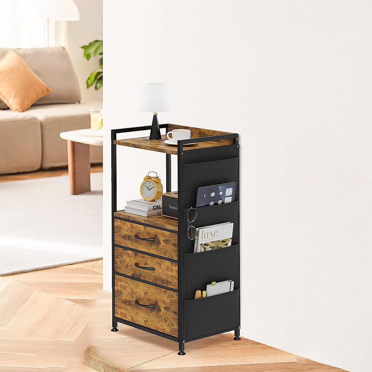 LASZOLA Nightstand with 3 Fabric Drawers and Side Pockets, Vertical Bedside Table with Wood Shelf, End Table Bed Side Dresser Furniture for Bedroom Living Room Entryway College Dorm, Rustic Brown, 1