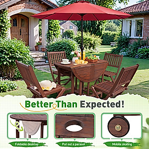 Greesum 5 Piece Patio Dining Set Outdoor Acacia Wood Furniture All-Weather Folding Round Table and Chairs for Backyard,Balcony,Porch,Deck,Garden, Dark Brown