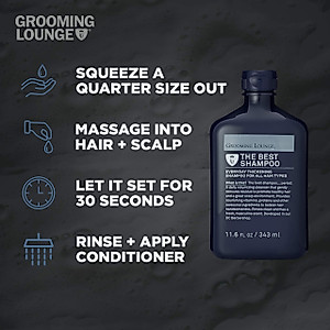 Grooming Lounge The Best Shampoo - Scalp Clarifying, Frizz Control Hair Wash for Men - Promotes Hair Length and Strength - Clean, Stimulating Peppermint Fragrance with Rosemary for Regrowth - 11.6 oz