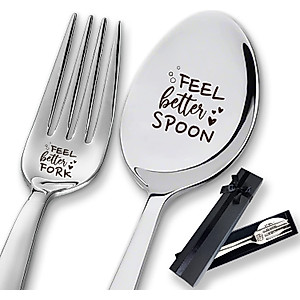 2 Pieces Feel Better Engraved Stainless Spoon and Fork, Funny Long Handle Dinner Fork Coffee Spoop with Gift Box, Encouragement Recovery Gifts for Women Men Friends