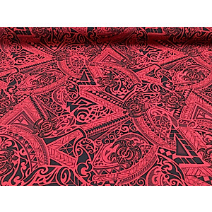 Originals by HITOMI Retro Hawaiian Tribal Poly Cotton Hawaiian Print Fabric Sold by The Yard, Red
