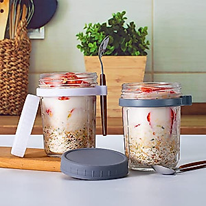 Overnight Oats Containers with Lid and Spoon Set of 2, Overnight Oats Jars 12 oz Large Capacity Airtight Oatmeal Container with Measurement Marks, Reusable On The Go Cups for Cereal Yogurt, Milk, Salads, Fruit (Grey)