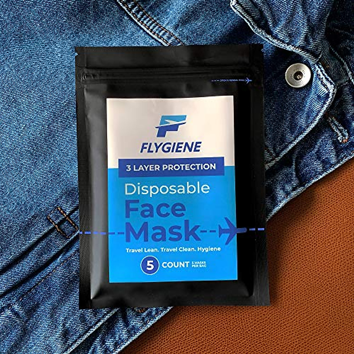 FLYGIENE Travel Size Face Mask | 10 Count | Breathable Travel Face Mask 3 Ply Black Disposable Face Mask for Adults | TSA Approved Air Travel Mask for Airplane Travel | Black | 10 Count (2 Packs of 5)