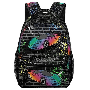 MEIKKO Colorful Sports Cars Backpack Funny Racecar Computer Bags with Chest Strap,Lightweight Casual Daypack for Women Men Hiking Travel Work and Business 16 Inch