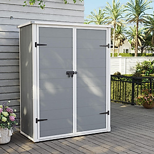 UDPATIO Resin Vertical Lockable Storage Shed, 4.3 ft x 5.6 ft Outdoor Storage Shed Waterproof Resin Cabinet for Garden, Backyard, Lawn, Grey White