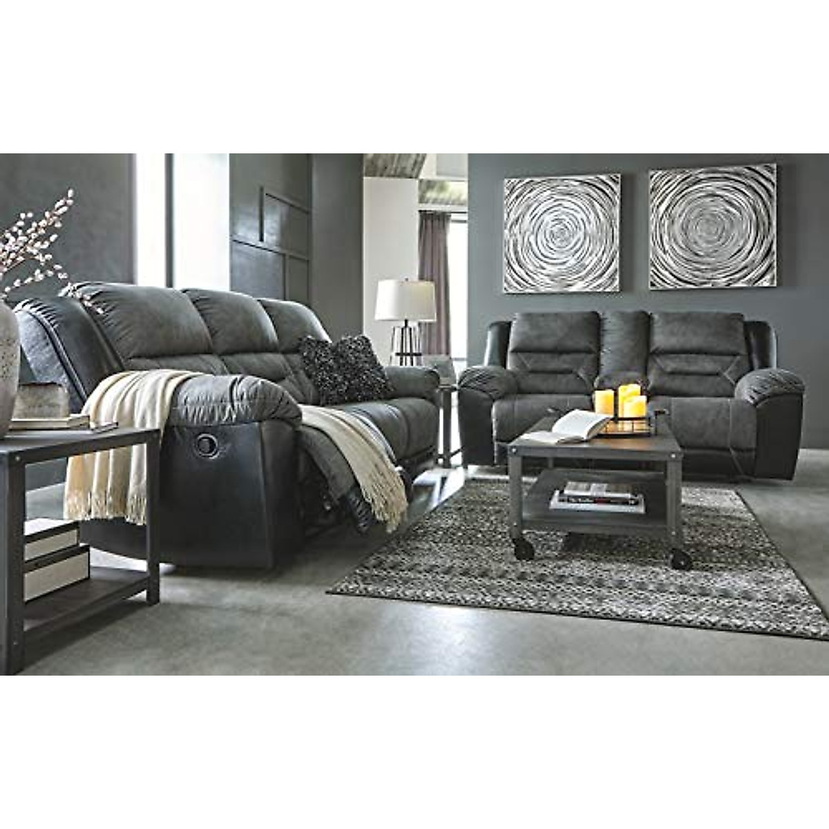 Signature Design by Ashley Earhart Faux Leather Manual Double Reclining Loveseat with Storage Console, Gray & Black