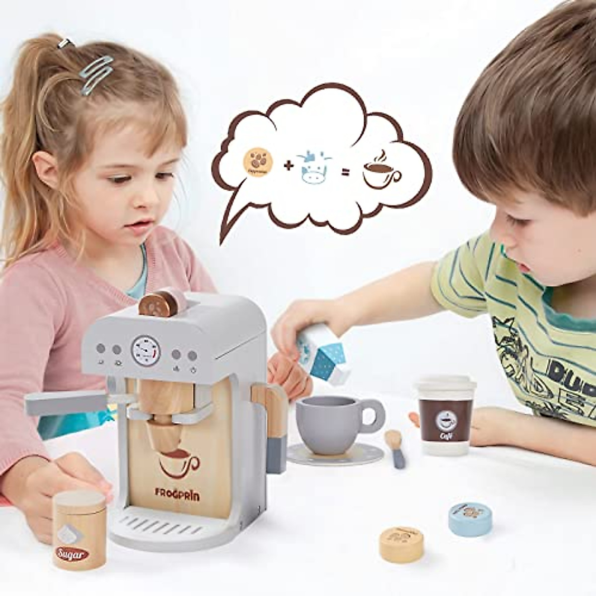 Frogprin Kids Coffee Maker Playset-Wooden Kitchen Toys, Toddler Play Kitchen Accessories, Pretend Play Food Sets for Kids Kitchen, Encourages Imaginative Play for Girls and Boys