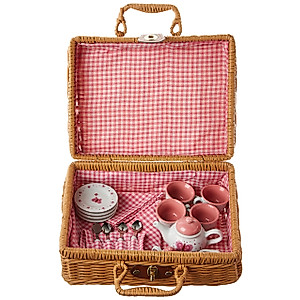 Schylling Brand Classic Porcelain Butterfly Tea Basket Set - 24 Piece Miniature Tea Set - 1.25" Tall Tea Cups - Includes Latching Picnic Basket - Ages 8-10