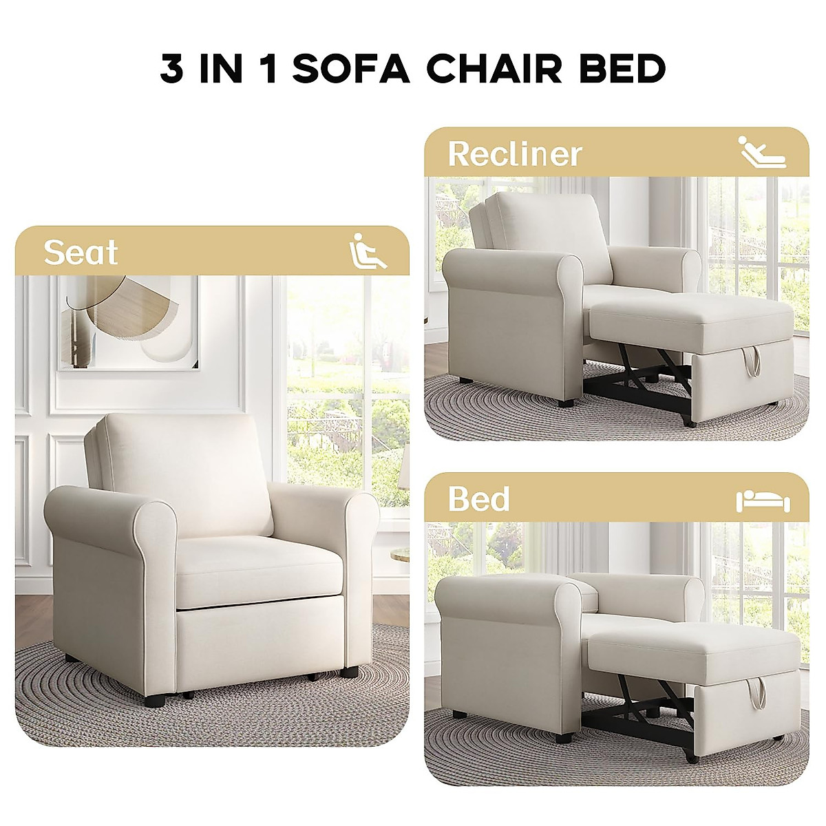 Merax 3-in-1 Sofa Bed Chair with Pillow, Convertible Sleeper Chair Bed, Adjust Backrest Into a Sofa, Single Bed, Modern Chair Bed for Living Room Bedroom, White