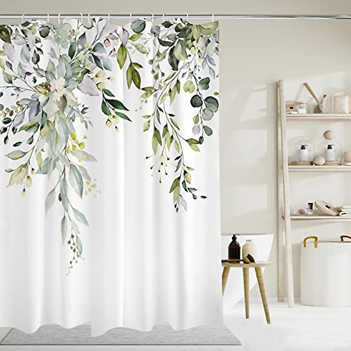 Onlalasyc Plant Shower Curtain, Watercolor Leaves on The Top Shower Curtain Sets for Bathroom Home Hotel, Waterproof and Machine Washable with 12 Hooks, 72×72 inch