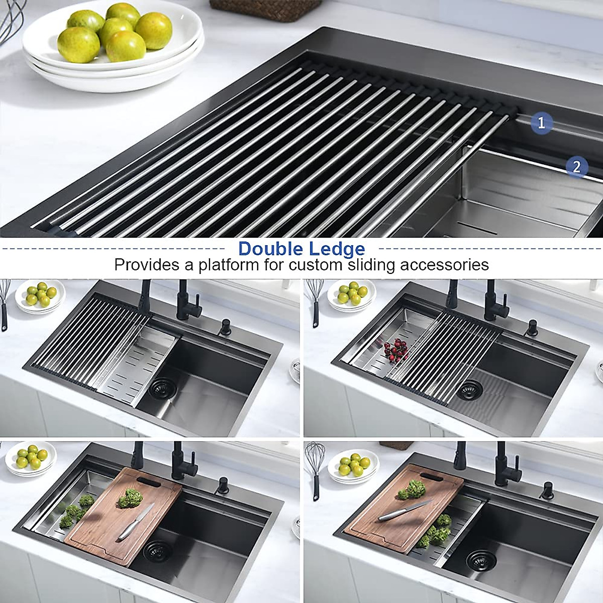 30 Black Drop in Kitchen Sink Workstation- Hovheir 30x22 Topmount Drop In Kitchen Sink Matte Black Stainless Steel Sink Handmade Sink Double Ledges Workstation Sink 16 Gauge Single Basin Kitchen Sink