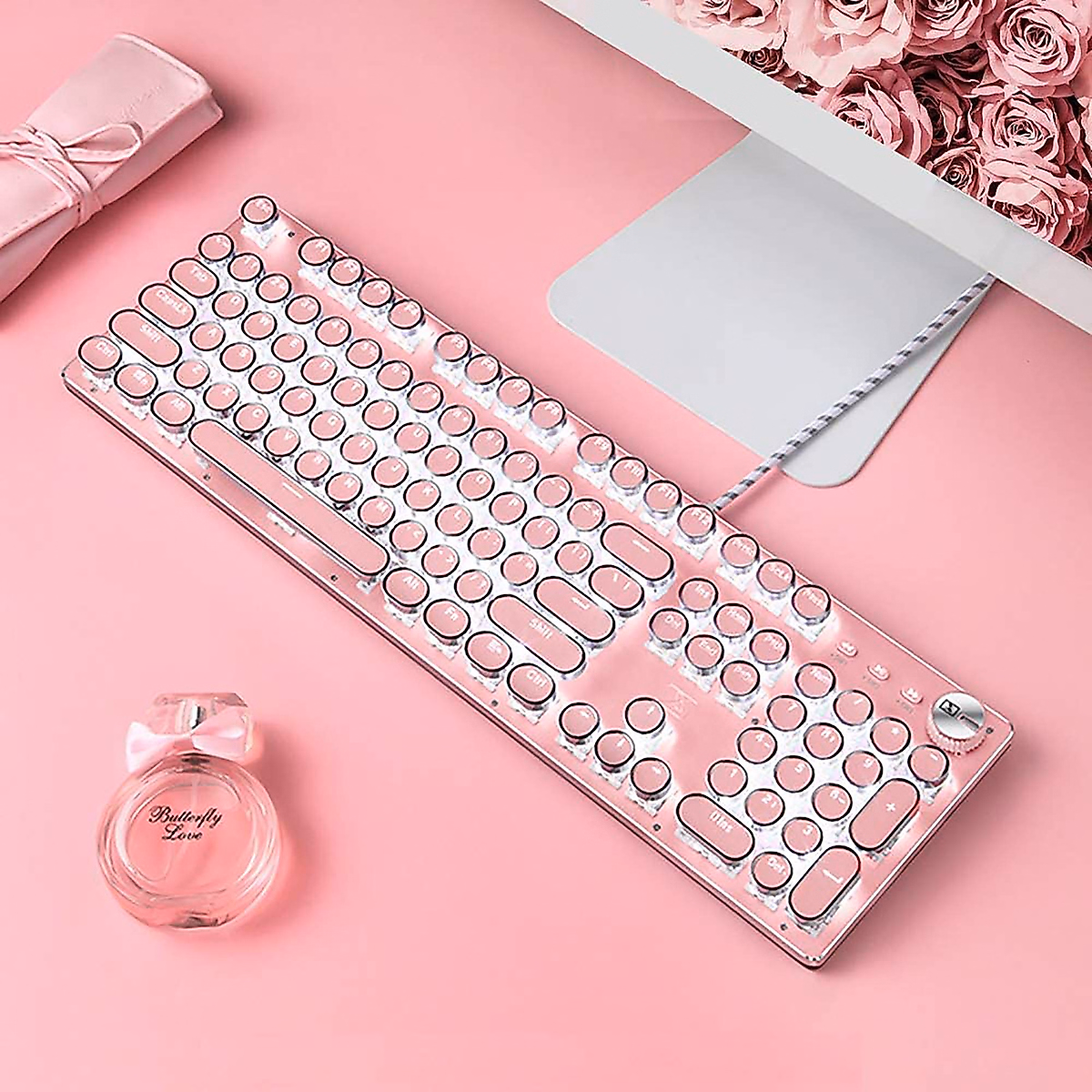 CC MALL Gaming Keyboard,Retro Punk Typewriter-Style, Blue Switches, White Backlight, USB Wired, for PC Laptop Desktop, Stylish Pink Mechanical Keyboard (Round Keycaps)