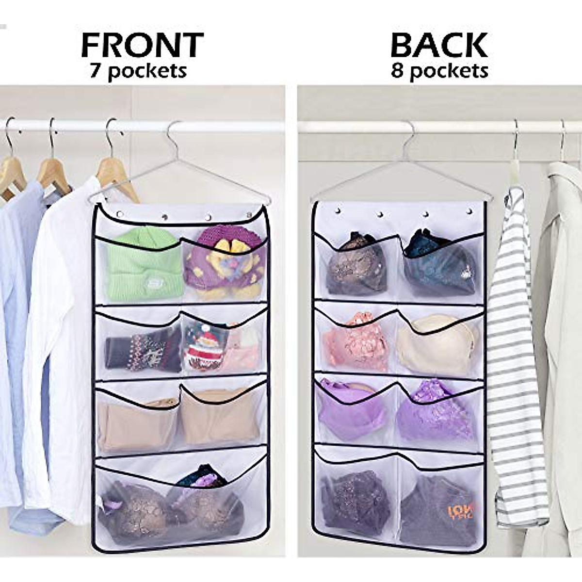 MISSLO Durable Hanging Closet Double Sided Bra Stocking Clothes Socks Organizer 15 Large Mesh Pockets, White