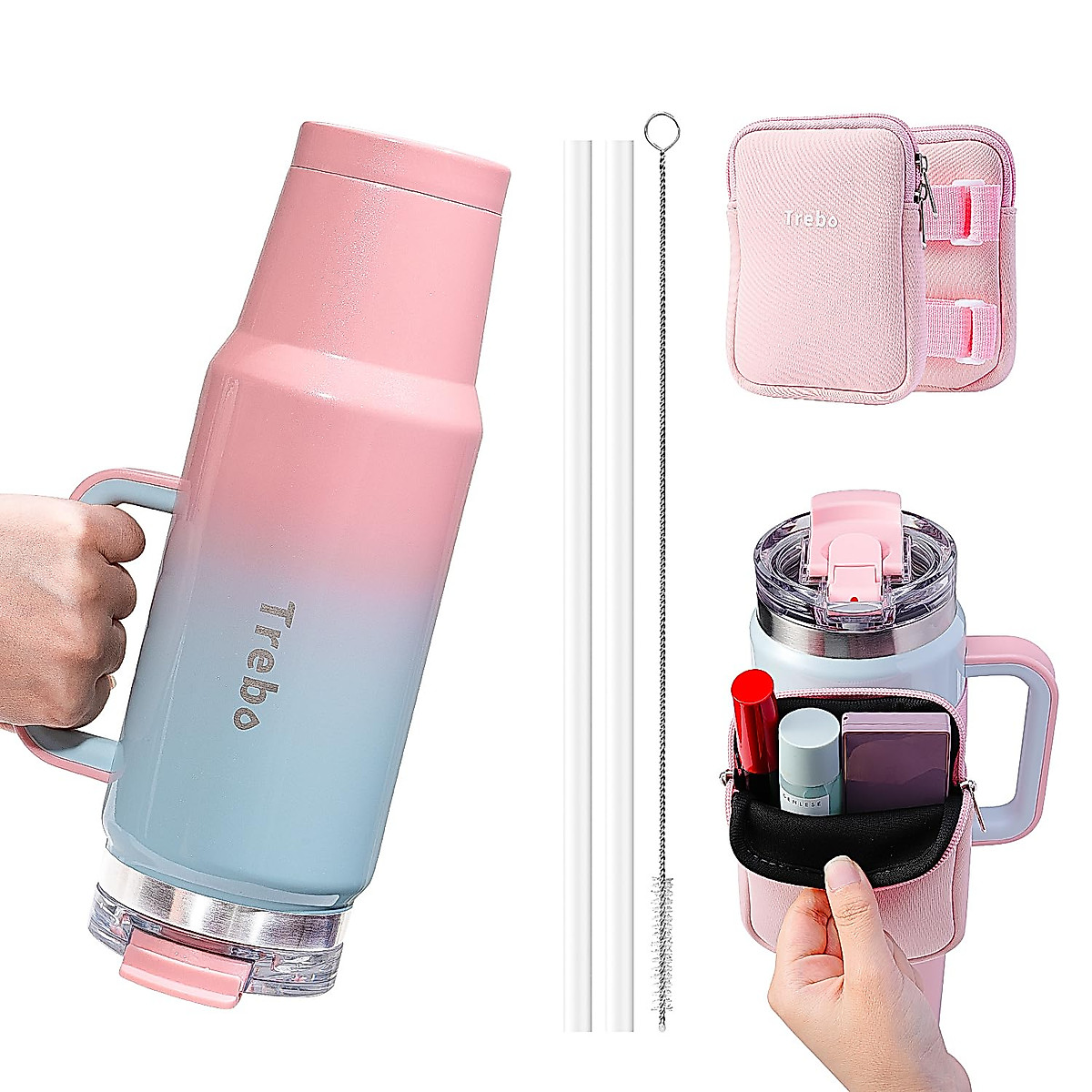 Trebo 40 oz Tumbler with Handle, Insulated Cup with Straw Leak-proof 2-in-1 Lid,Stainless Steel Coffee Mug for Cup Holder with Small Pouch, Metal Travel Flask Gifts for Her/Him,Keep Cold Hot,Orange