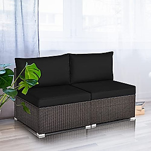 Tangkula 2 PCS Outdoor Wicker Armless Sofa, Patio Rattan Sectional Sofa Set w/2 Thick Seat Cushions and 2 Back Cushions, Additional Seats for Balcony Garden Patio Poolside (Black)