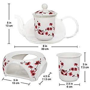 Teabloom Petite Cherry Blossom Teapot & Flowering Tea Gift Set - Glass Teapot (27 OZ / 2-3 Cups), Porcelain Lid, Loose Tea Infuser, Tea Warmer + Candle, 2 Flowering Teas