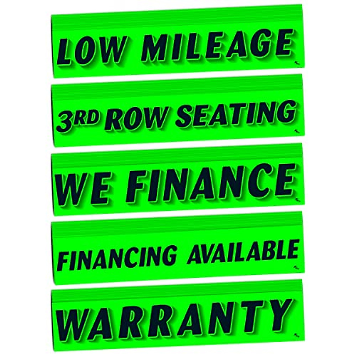 Versa Tags Windshield Slogan Stickers 12 Pack Each of Low Mileage, 3RD Row Seating, WE Finance, FINANCING Available, Warranty (60) Window Stickers Total Dealership Stickers Black On Green