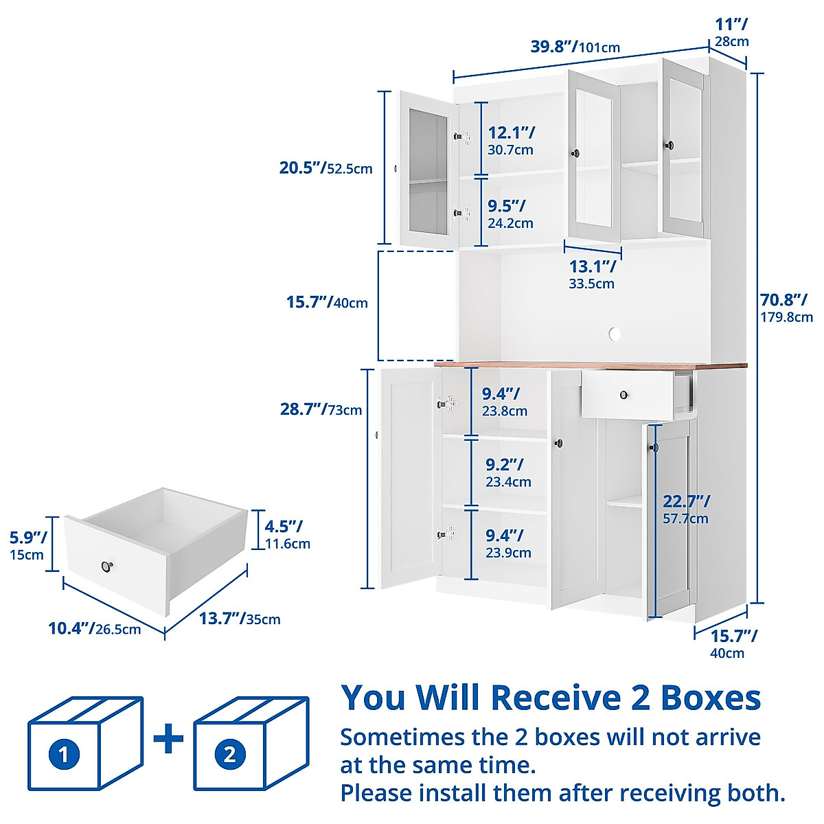 Cozy Castle Tall Kitchen Pantry Cabinet with Microwave Shelf, Modern Large Freestanding Sideboard Cupboard Kitchen Hutch Cabinet with Storage Countertop and Drawer for Dining Room, Living Room, White