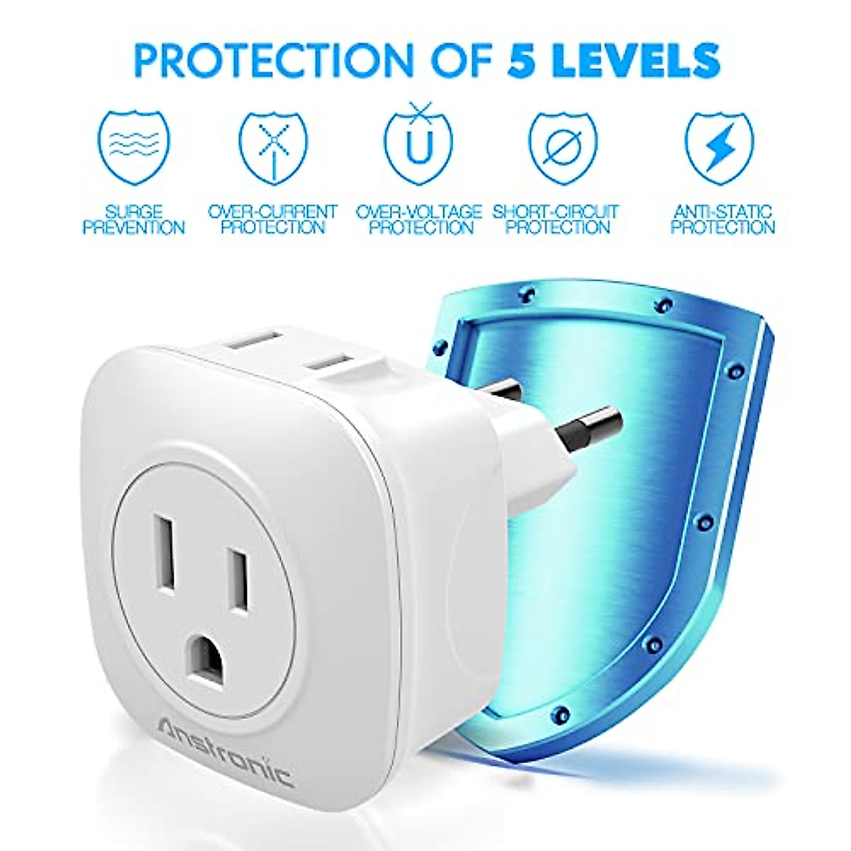 3 Pack European Travel Plug Adapter, Anstronic International Power Adaptor with 2 US Outlet, 2 in 1 European Plug Adapter for USA to Most of Europe EU Italy Iceland France Germany Spain (Type C)