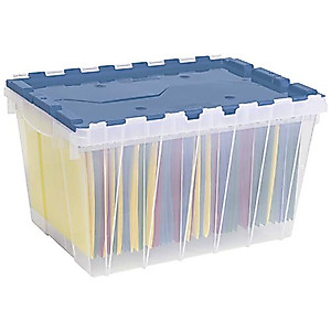 Akro-Mils 12 Gallon KeepBox File Box Plastic Stackable Storage Container with Hinged Attached Lid and Rails for Hanging File Folders, 21-Inch L x 15-Inch W x 12-Inch H, Clear/Blue