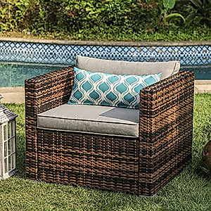 COSIEST Outdoor Furniture All-Weather Mottlewood Brown Wicker Single Chair w Warm Gray Thick Cushions, Teal Pattern Pillow