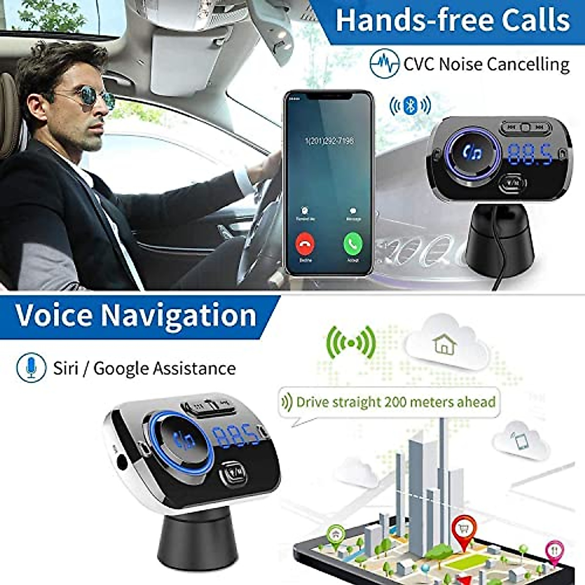 Bluetooth FM Transmitter for Car, Wireless Radio Adapter Car Music Player Car Receiver with Bluetooth FM Frequency Support Hands Free Call,Car Charger Dual USB Port,TF Card/AUX