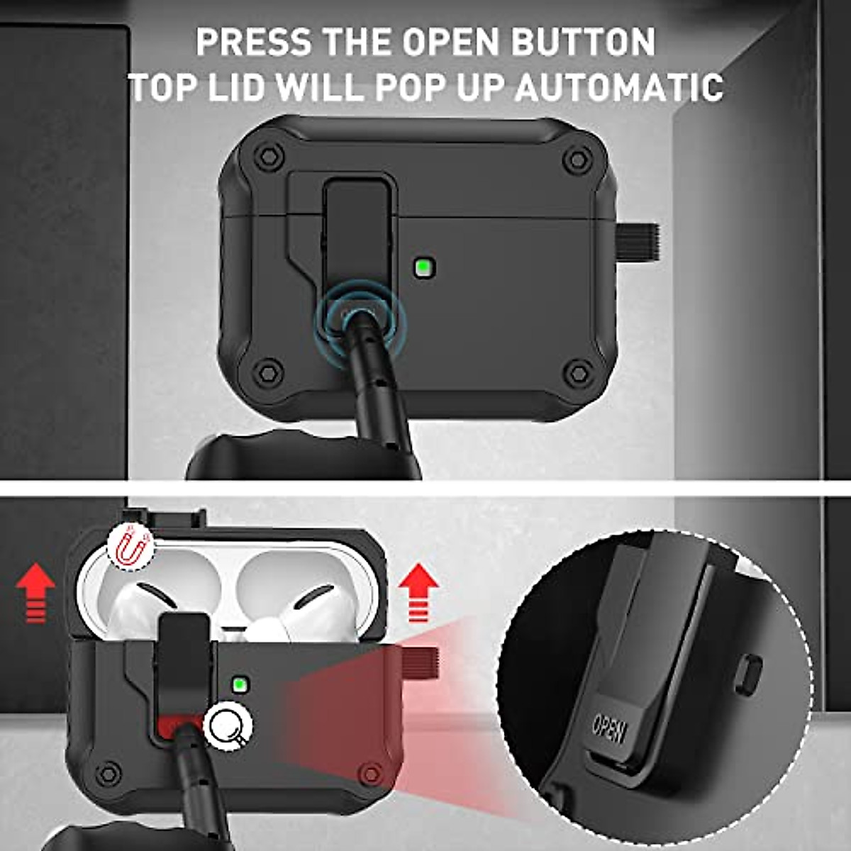 Valkit Compatible Airpods Pro Case Cover with Lock, Military Rugged Shockproof AirPod Pro Case for Men Women Hard Shell iPod Protective Skin with Keychain for Air Pod Pro Charging Case, Black