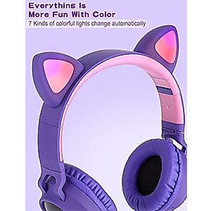 Usoun Kids Wireless Headphones,Cat Ear LED Light Up Wireless Foldable Headphones Over Ear with MIC,Stereo Sound,FM Radio/TF Card,Childrens Headset for Boys Girls Adults,School Study Home (Purple)