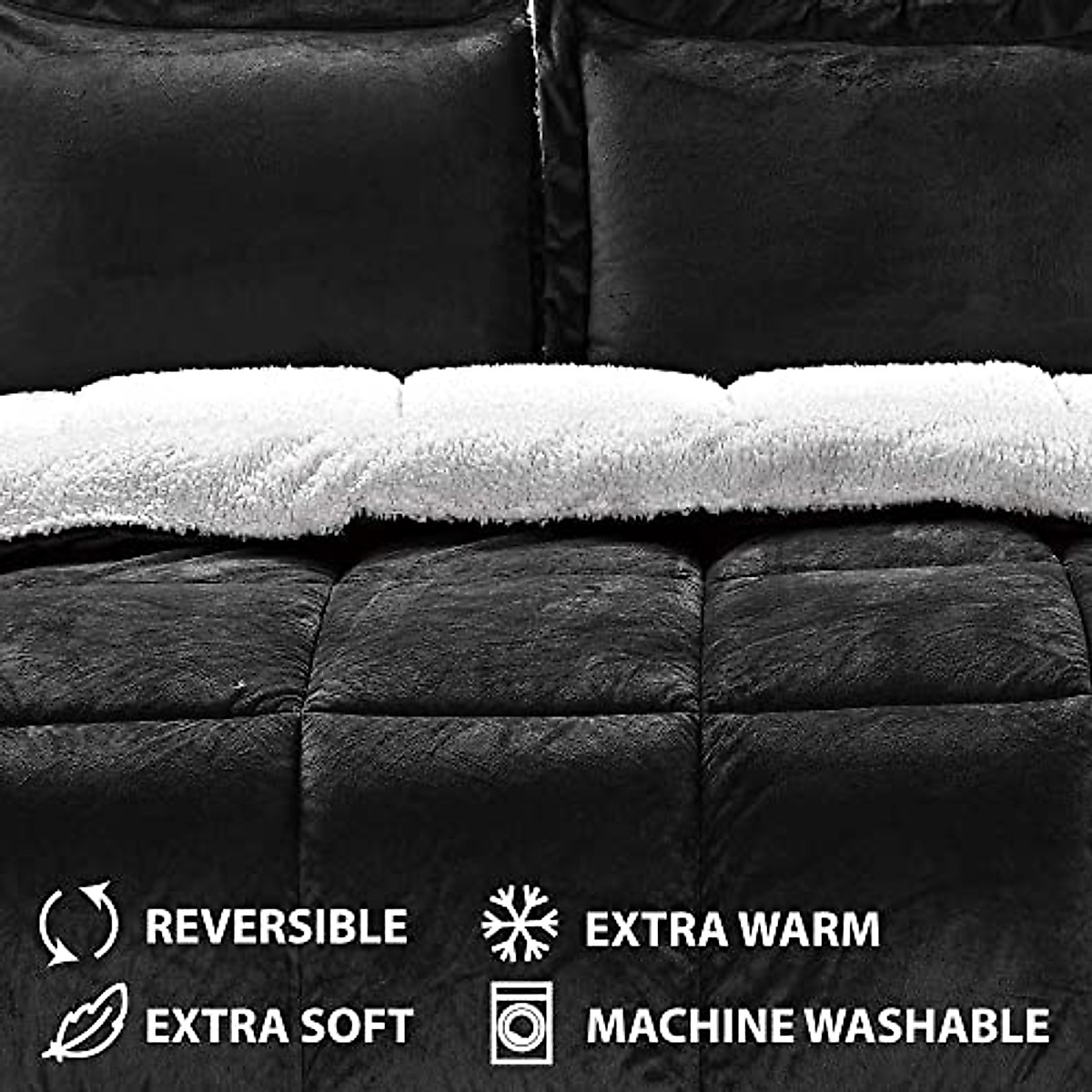 Cathay Home King Comforter Set: Ultra Soft and Plush Reversible Micromink and Sherpa 3-Piece Bedding Set, Black, King (102" x 90")