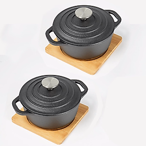 HAWOK Cast Iron Mini Round Cocotte Set, 0.7QT Mini Dutch Ovens with Lids and Bamboo Trays, 667ml/22.57oz/2.82cups, Set of 2, Black