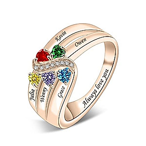 YITUB Personalized Mother Ring with 1/2/3/4/5/6 Birthstones Rings 925 Sterling Silver Mom Ring Custom Engraved Family Jewelry Gifts For Women Mother's Day (1 Stone) (Stone 6) (Stone 5)