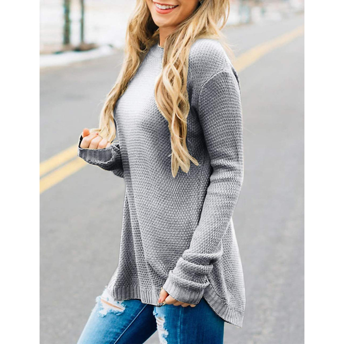 LEANI Women’s 2024 Long Sleeve Crew Neck Pullover Sweater Loose Casual Soft Knit Jumper Tops Grey