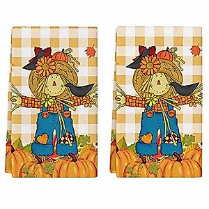 Kitchen Towels Reversible for Drying Dishes, Thanksgiving Scarecrow Maple Leaf Fall Pumpkin Set of 2 Dishcloths Cotton Hand Towels, Absorbent Dish Towels for Kitchen Counter Tea Towels 18"x 28"